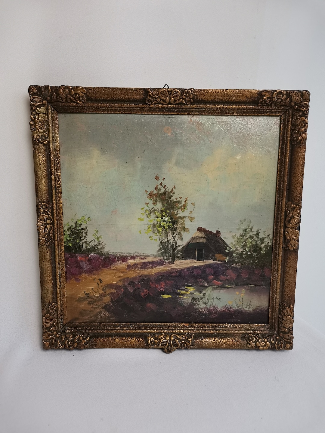 Small Antique Painting Landscape With Heath Stabel and Fen in Gold ...
