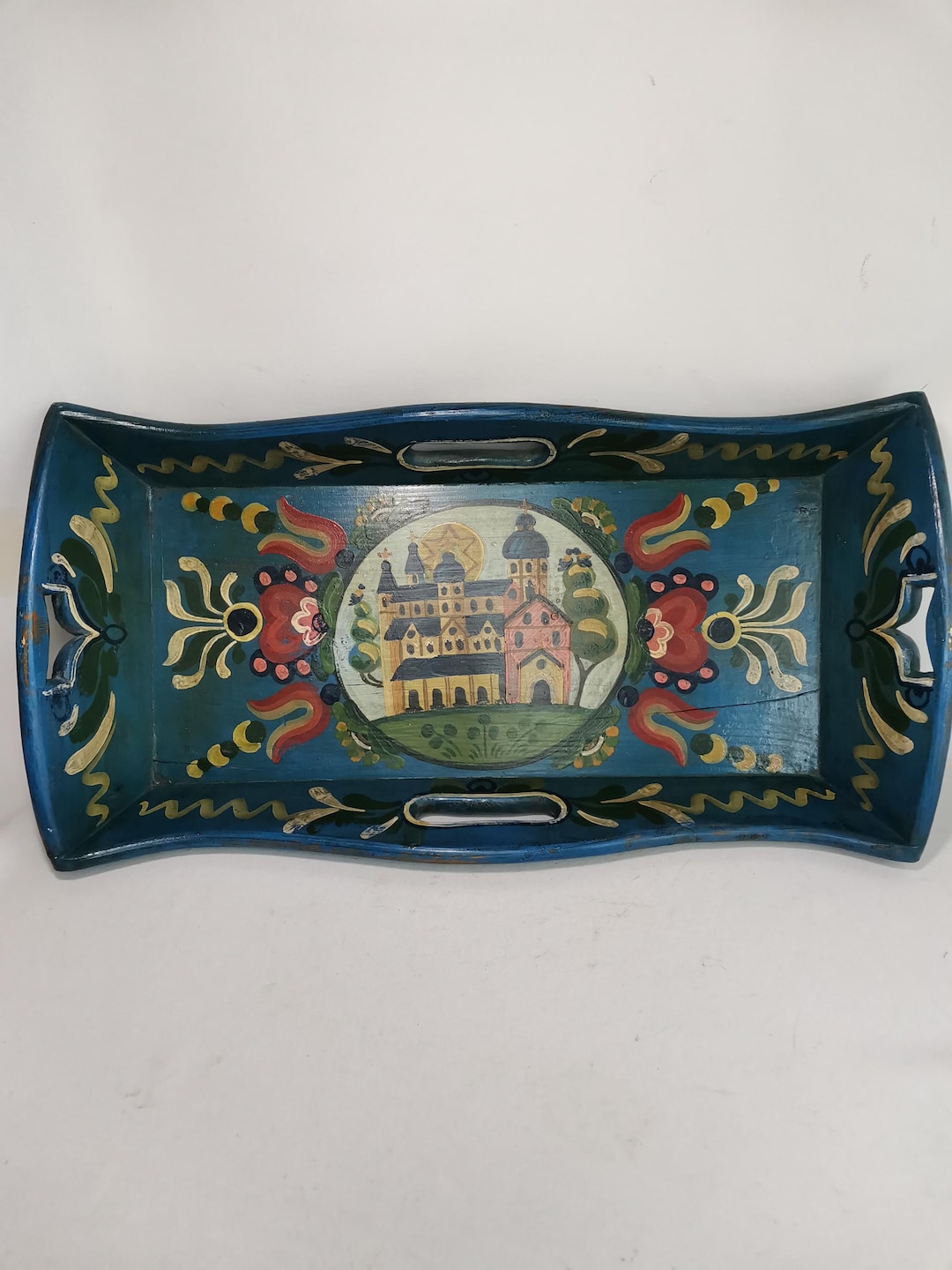 Vintage Russian Hand Painted Wooden Serving Tray or Mangle Tray Blue ...