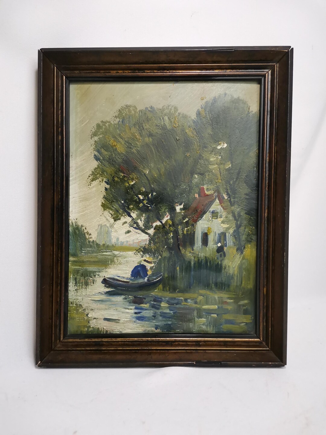 Vintage Original Painting Landscape Angler Rowingboat and Farm in Frame ...