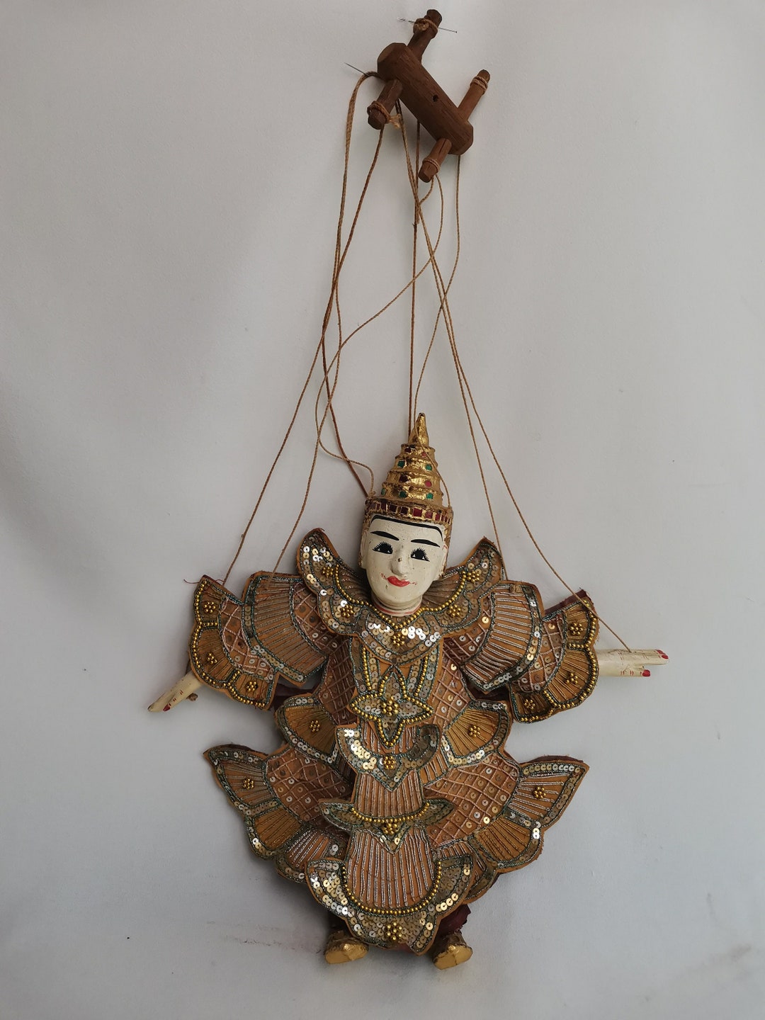 Vintage Asian Wooden Puppet With Clothes With Gold Thread Sequins 1960s ...