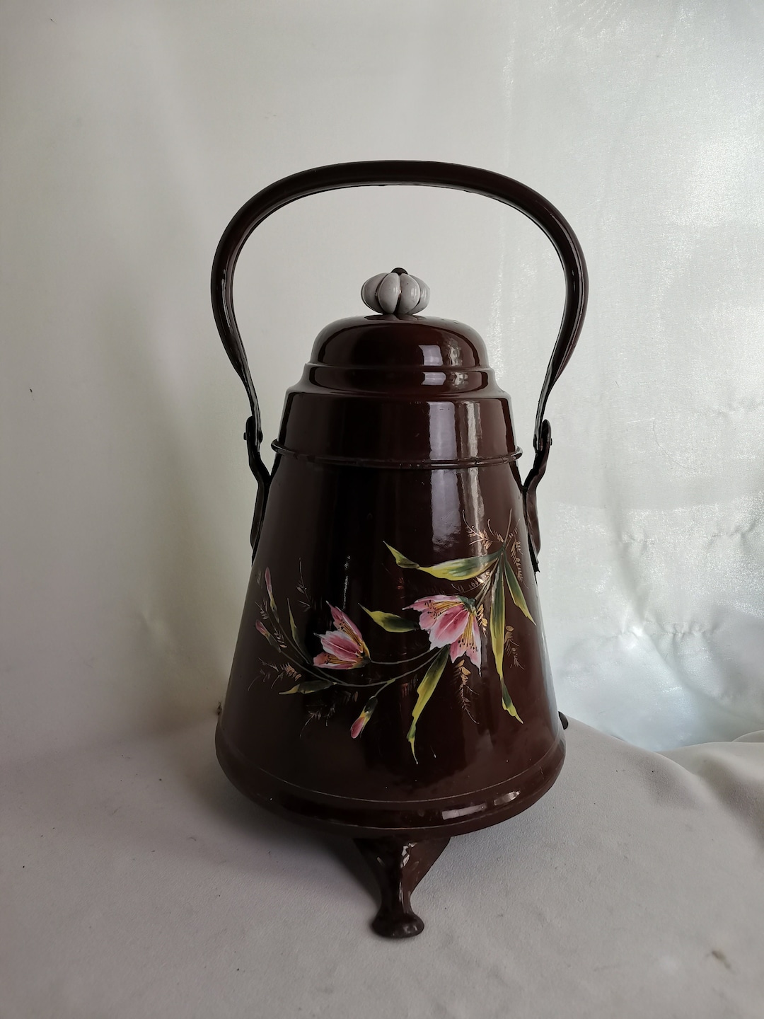 Antique Coal Pot Brown Enamel Decoration White Pink Lilies 1920s ...