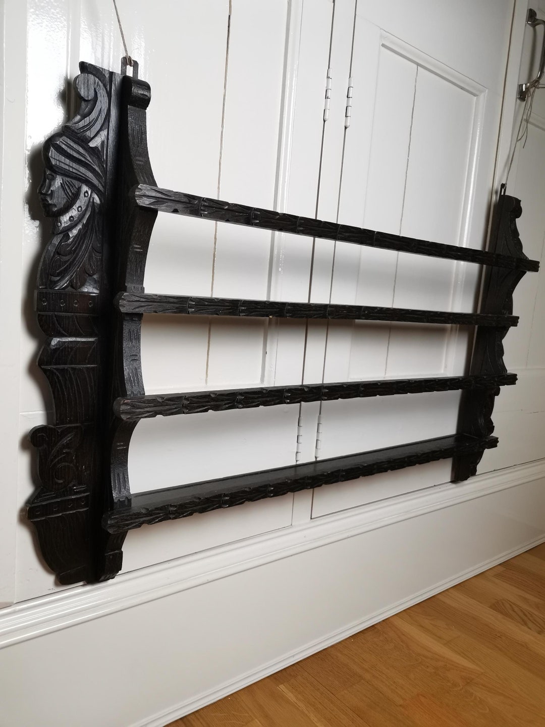 Antique Plate Rack With Wood Carving and Two Shelves 1900s Antique Oak ...