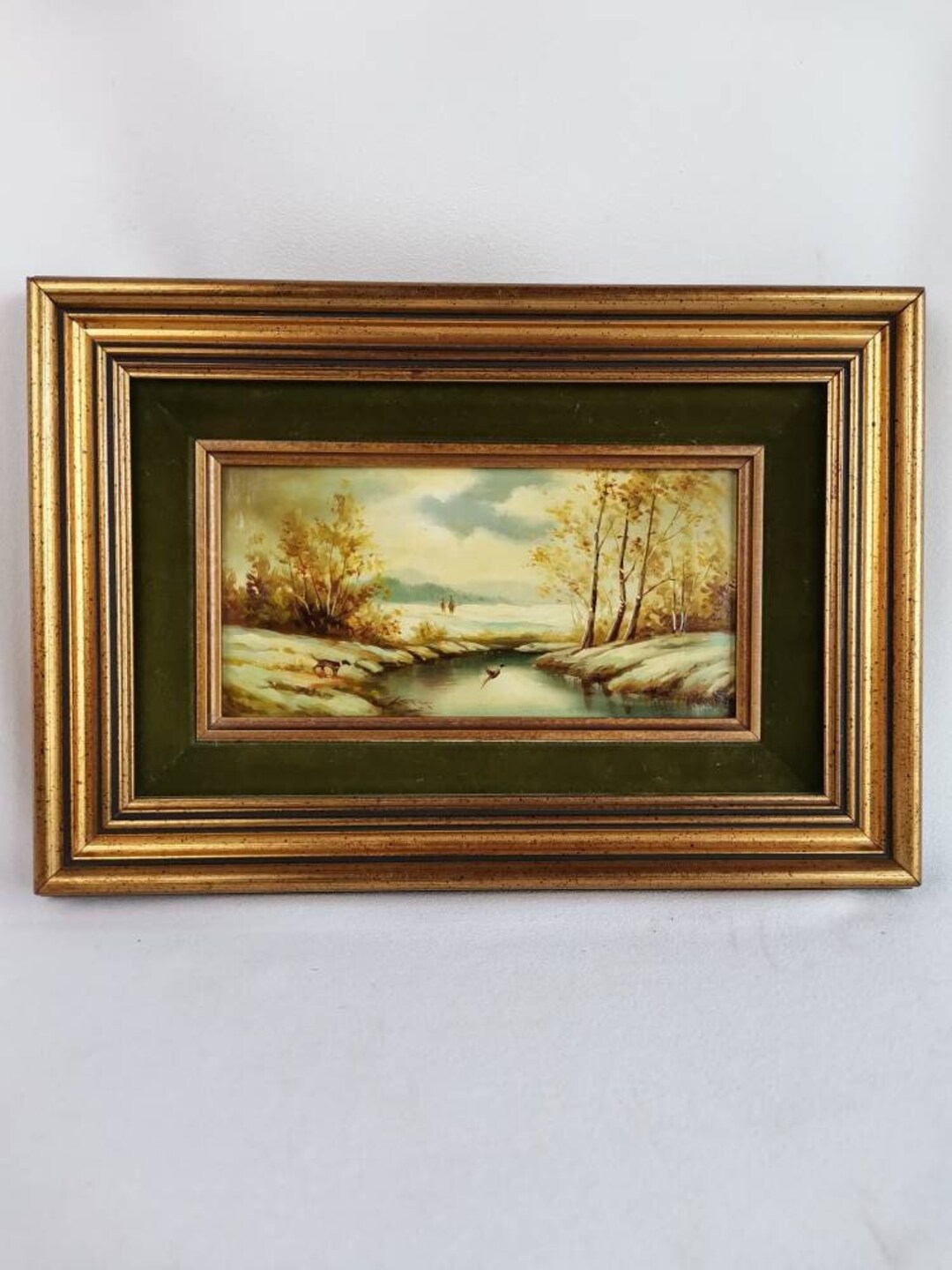 Small Vintage Oil Painting Winter Hunting Scene With Hunter Dog and ...