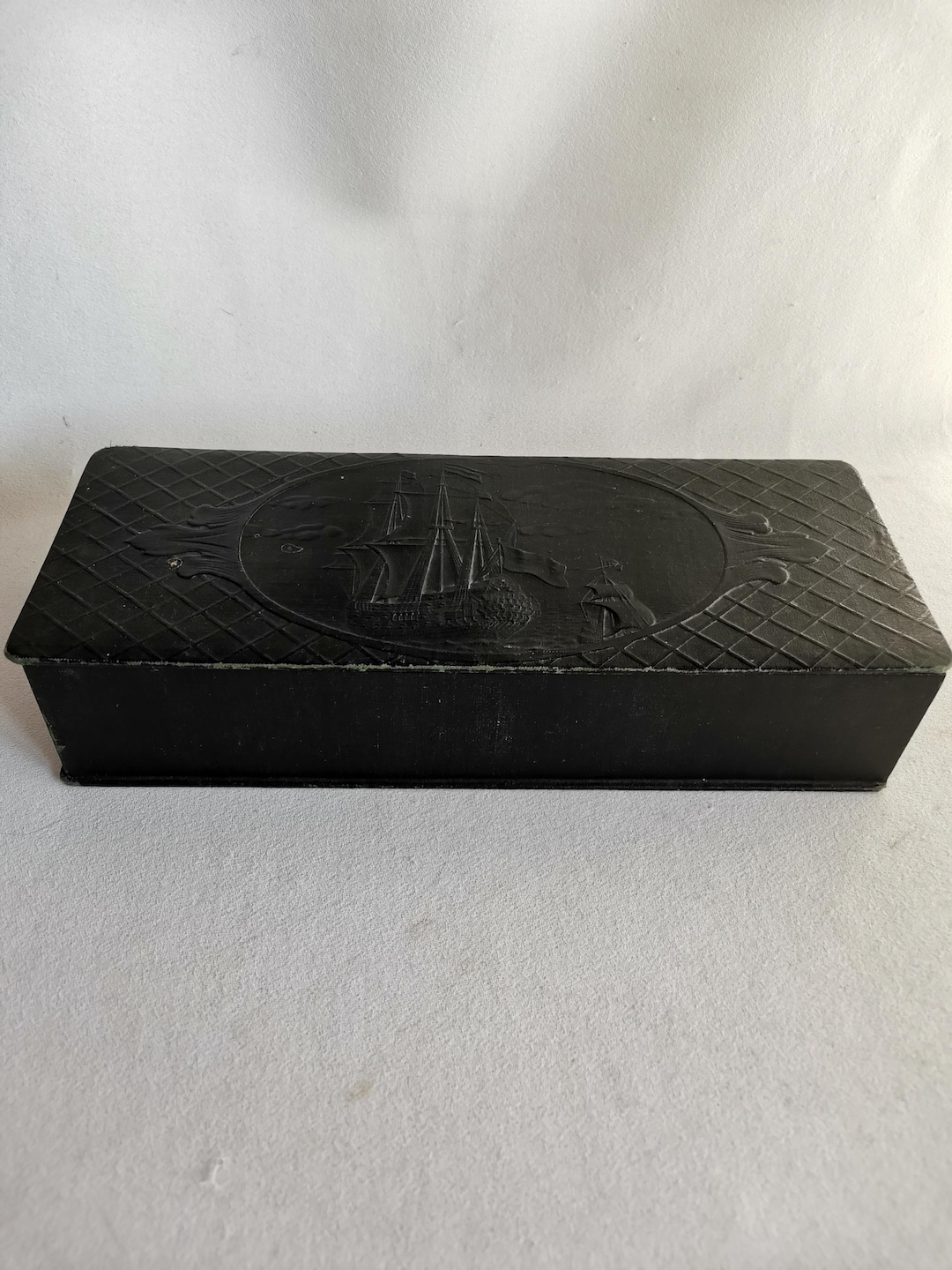 Antique Black Linen Covered Box With Image of Sailing Ships 1910s ...