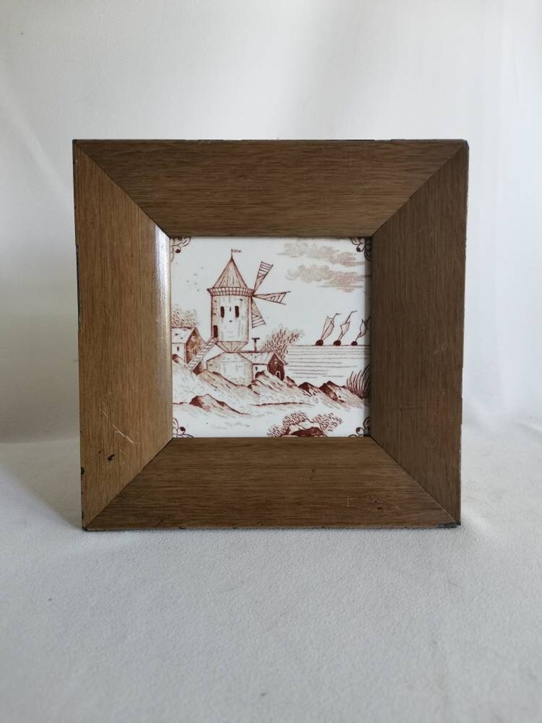 Framed Antique Tile in Wooden Frame Mill and Sailing Boats 1910s Framed ...