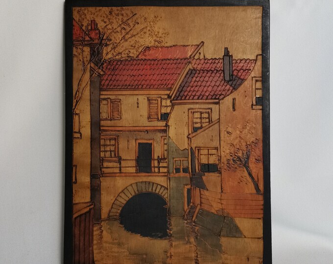 Antique Stained Wood Panel Antique City View Arch Bridge 1930s Antique ...