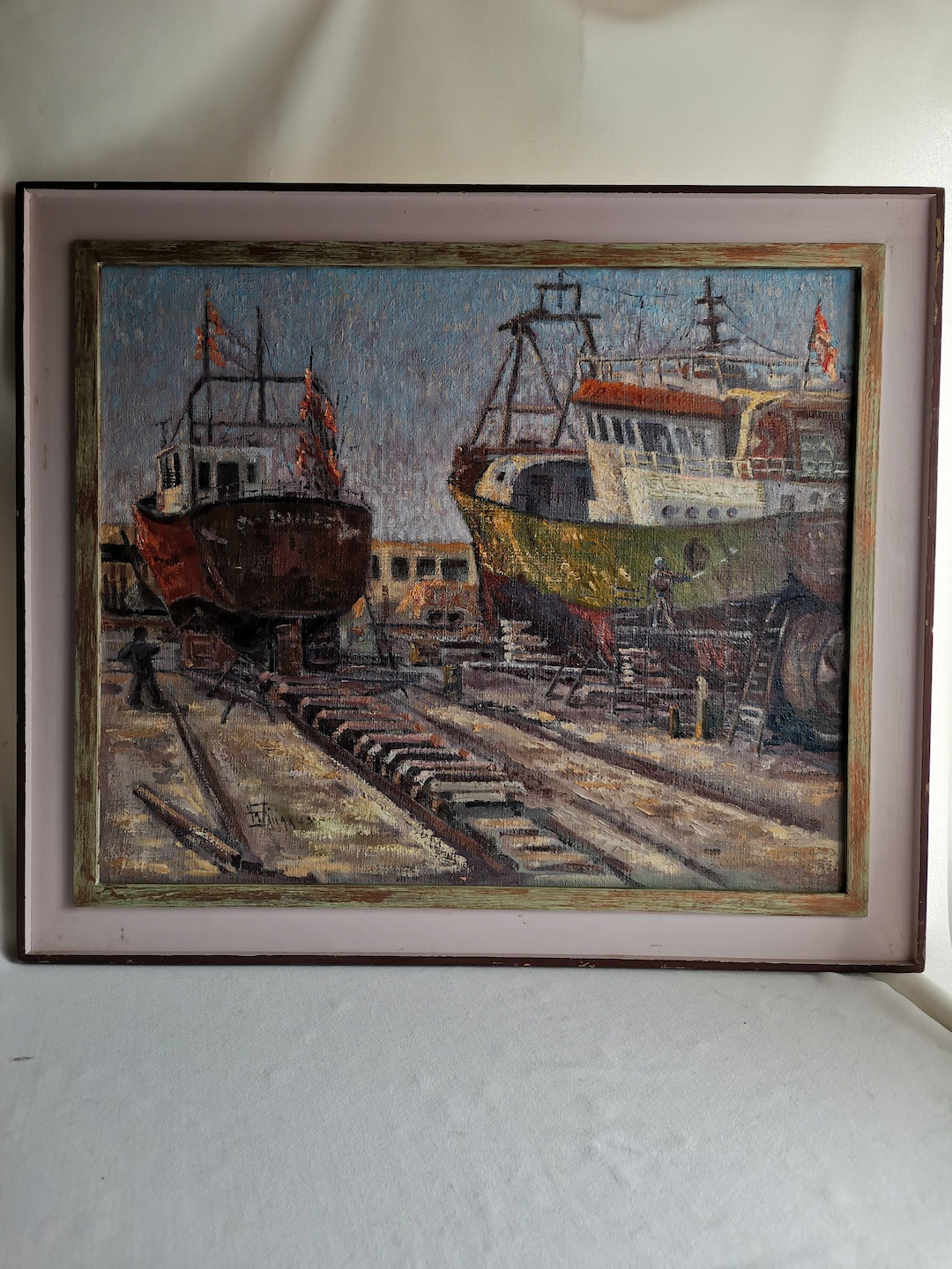 Vintage Original Oil Painting Boat Yard With Ships by W Siliakus in ...