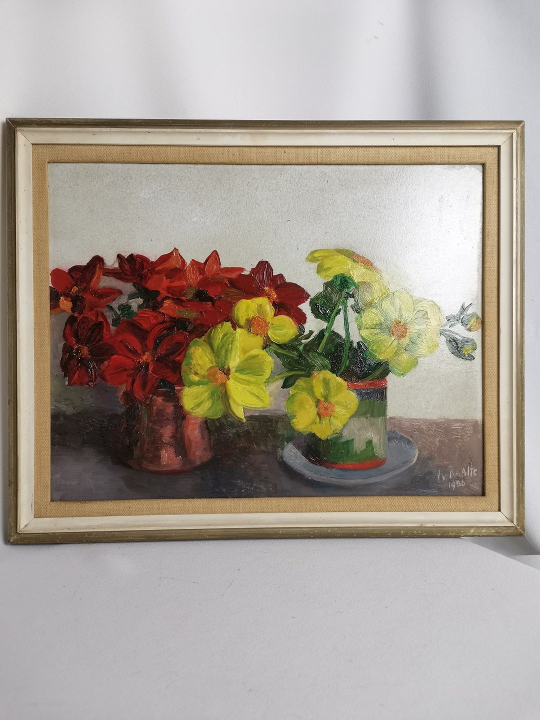 Vintage Original Painting Flower Still Life Red and Yellow Begonias in Pot on Table in Frame ...