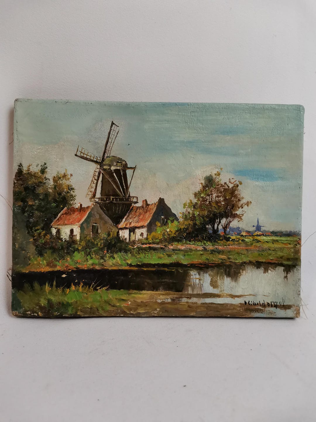 Small Antique Original Painting Farms and Mill on the Water 1930s Oil ...