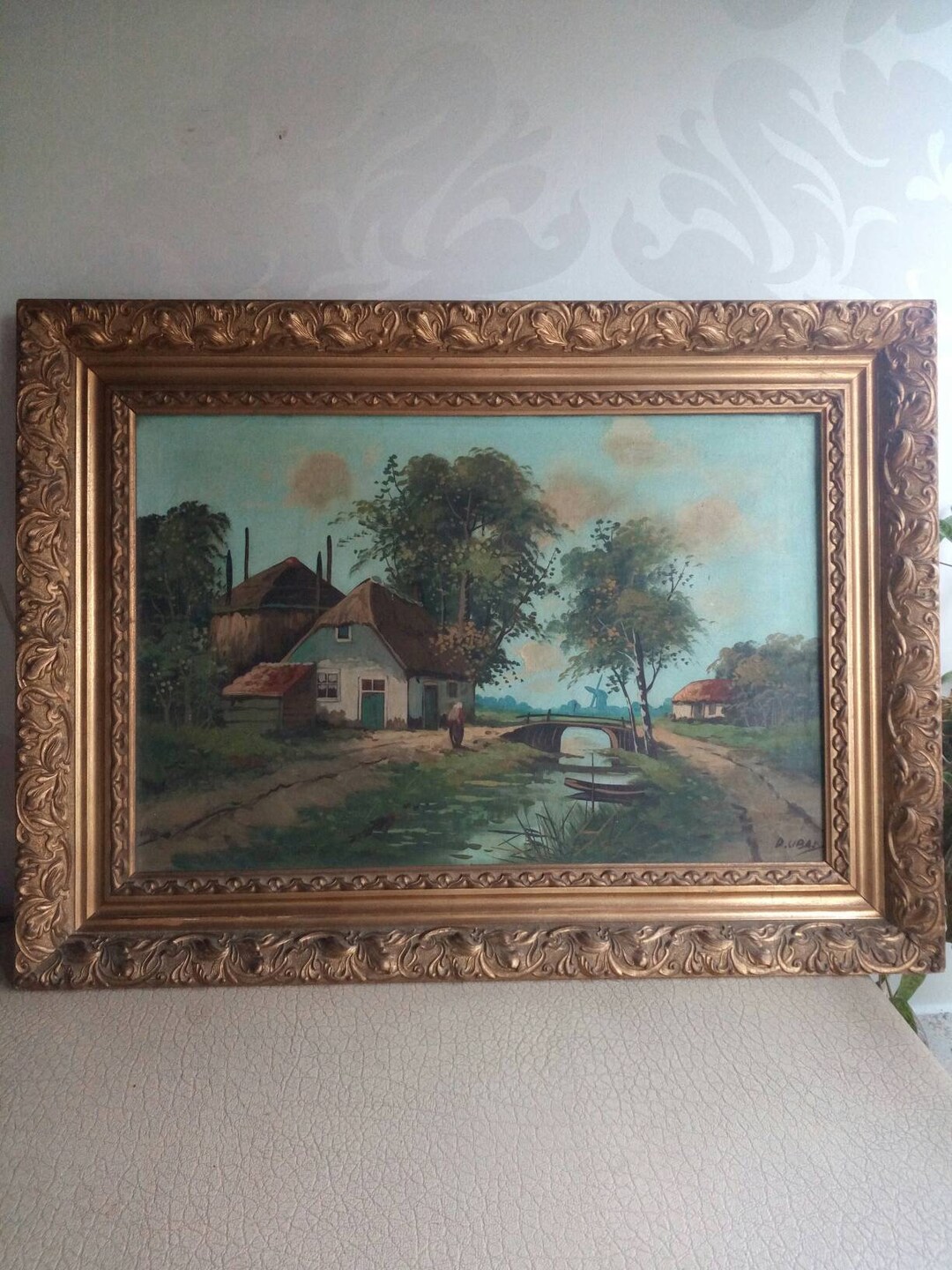 Antique Oil Painting Farm Near Water With Bridge, Signed D. Ubas 1920s ...