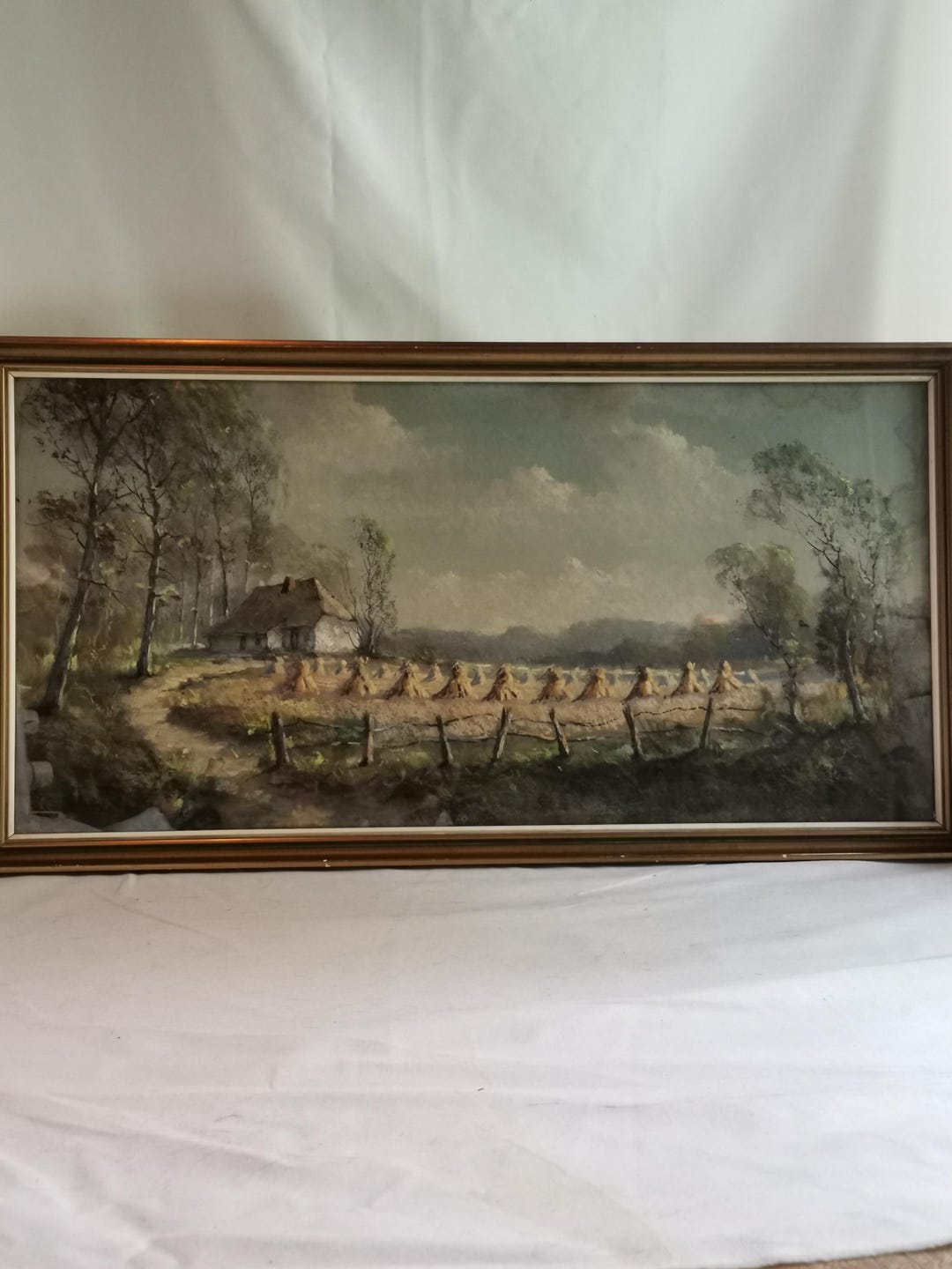 Antique Original Chalk Drawing Landscape With Farm and Sheaves of Corn ...