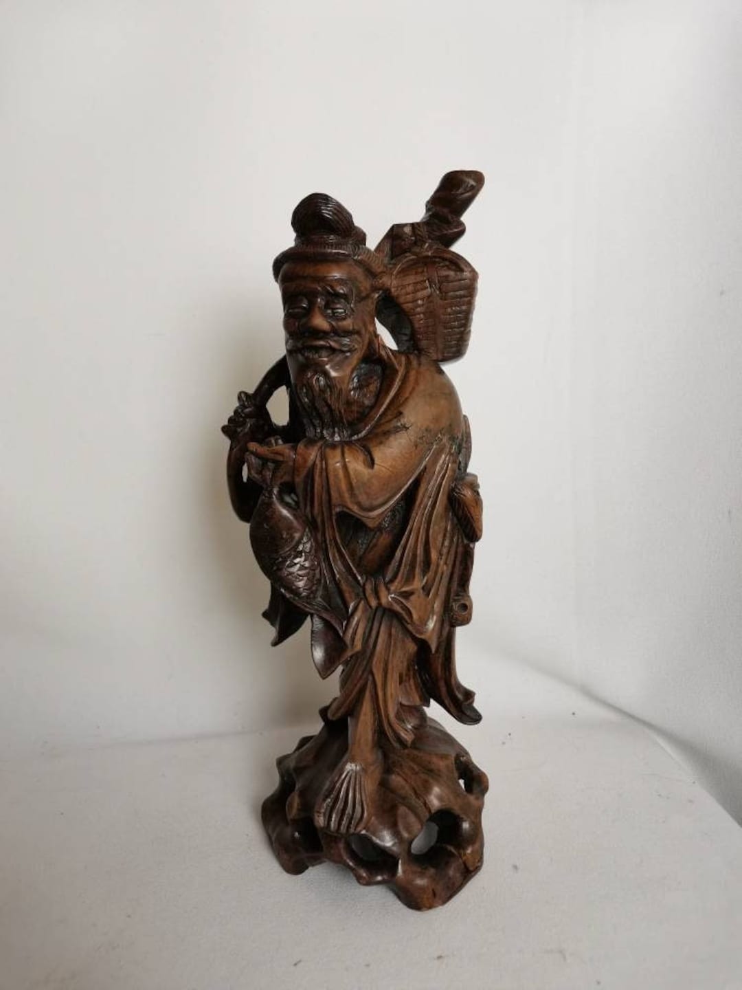 Vintage Wood Carving Figurine Chinese Fisherman 1980s Oriental Wood ...