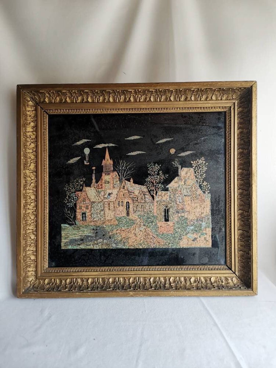 Large Antique Postage Stamp Painting Cityscape Townscape Made of ...