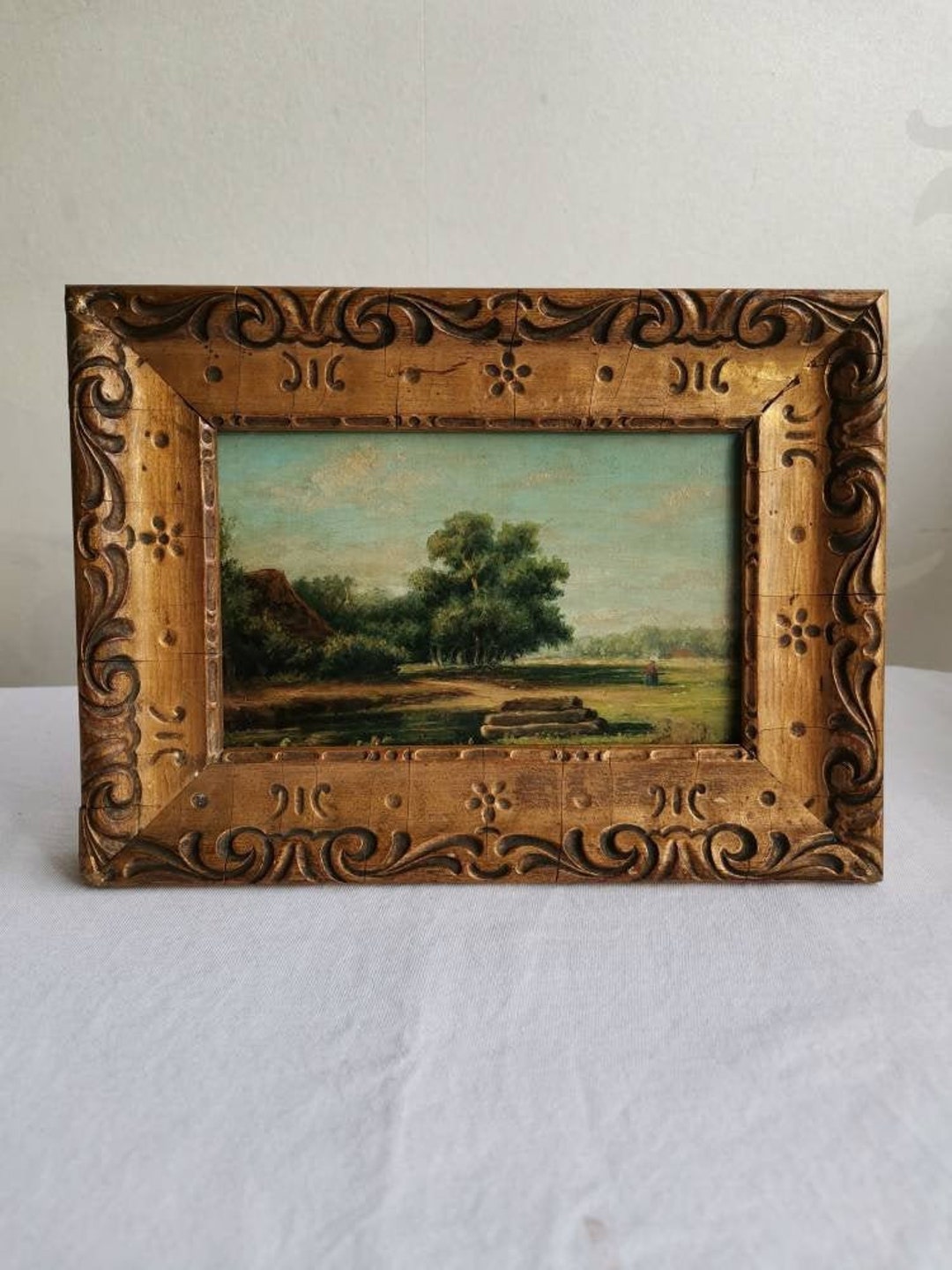 Small Antique Original Painting Landscape With Farm Water and Trees in ...