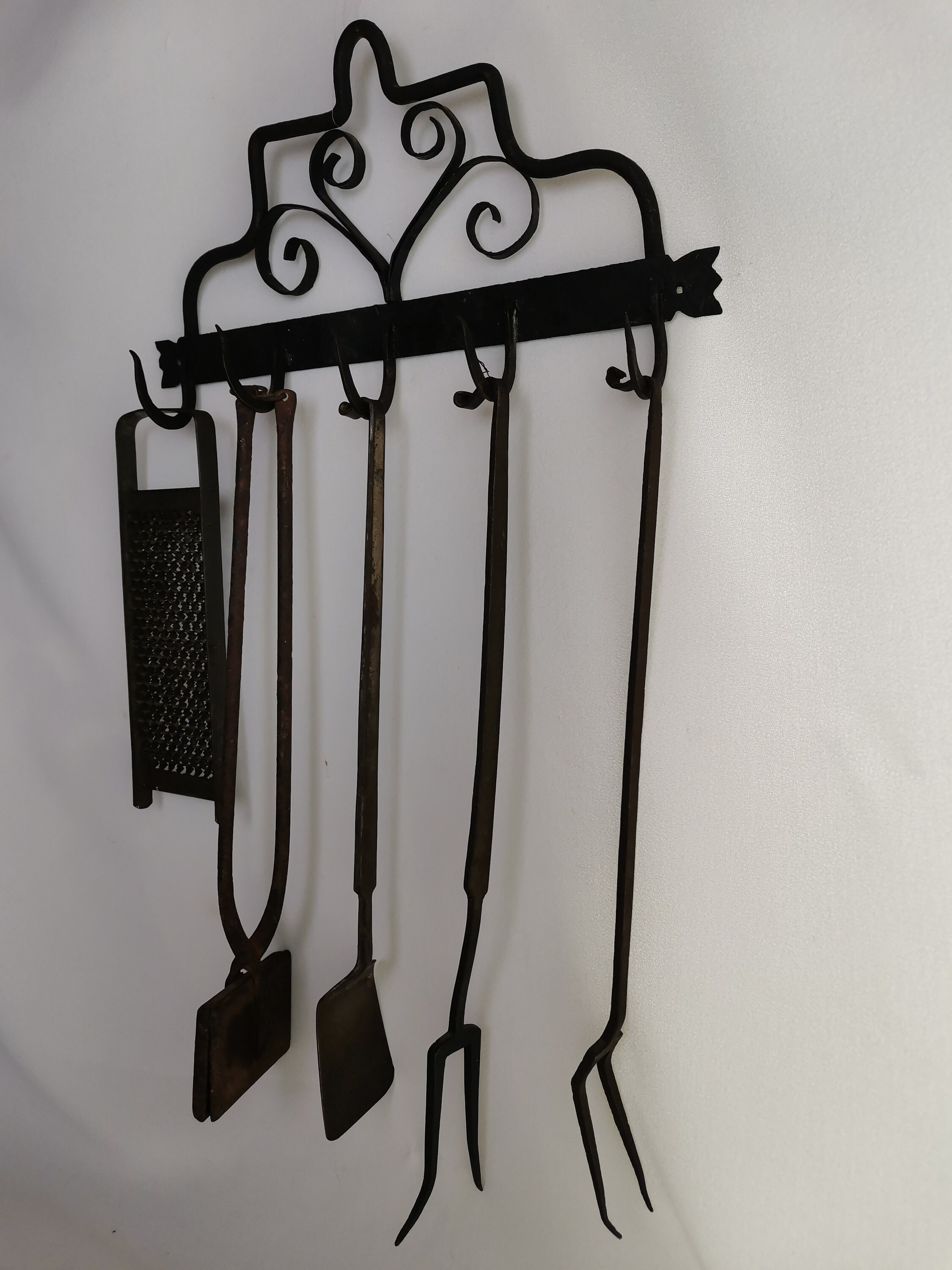 Antique Ironwork Kitchen Rack With Spatula Forks Waffle Iron Grater ...