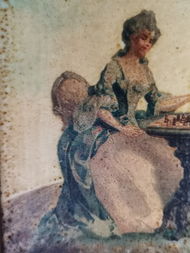 Framed Antique Tile With Romantic Chess Playing Couple 19th Century ...