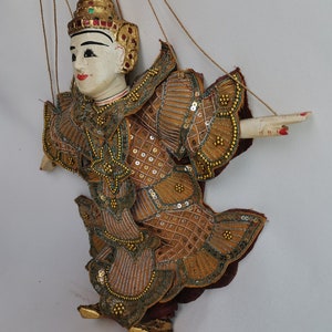 Vintage Asian Wooden Puppet With Clothes With Gold Thread Sequins 1960s ...