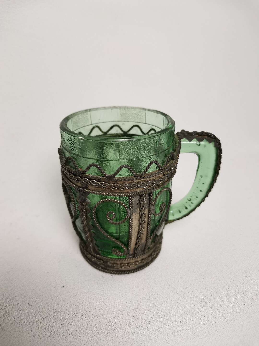 Vintage Green Pressed Glass Mug With Filigree 1960s Small Antique Glass ...