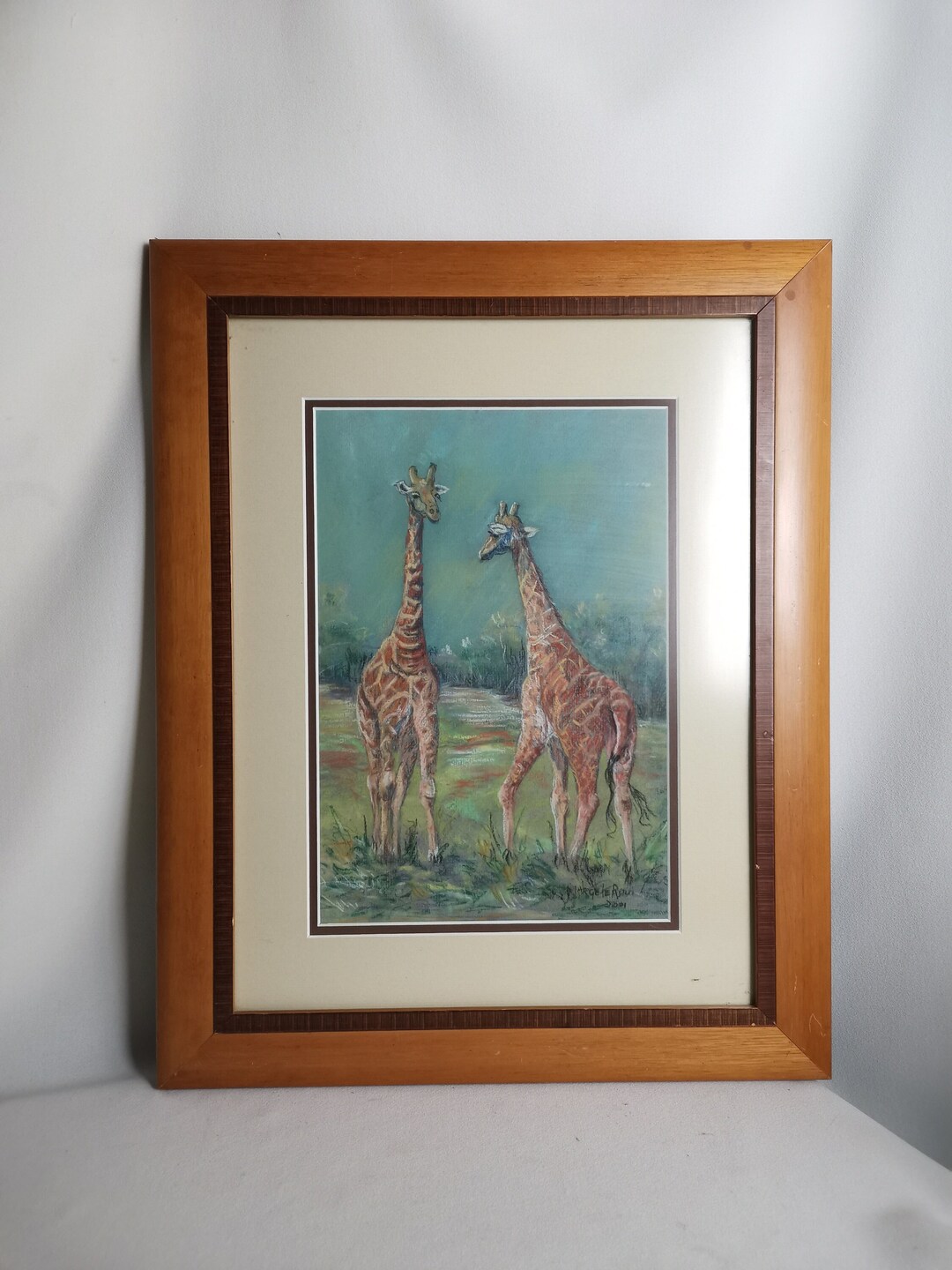 Vintage Original Chalk Drawing Giraffe Marge Le Roui in Frame 2000s ...