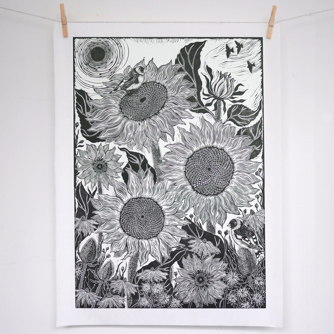 Finches in the Sunflowers - Original Limited Edition Lino Print ...