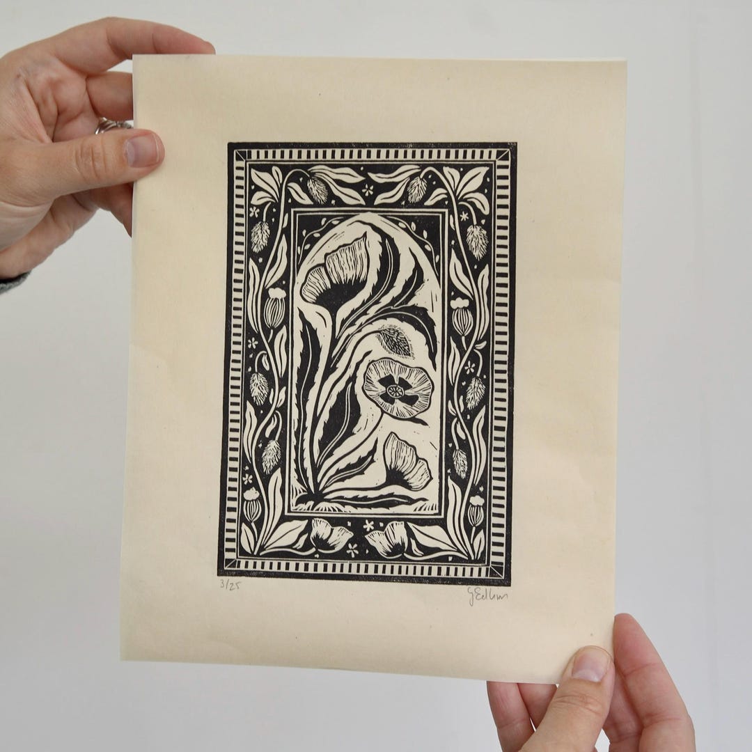 Poppy - Original Limited Edition Lino Print, Linocut Print, Hand Printed, Black Ink Print ...