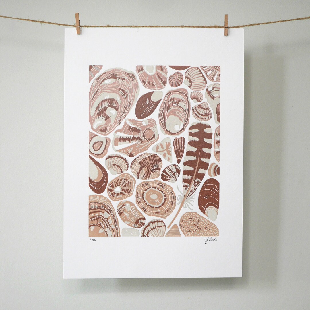 Feather and Shells - Original Limited Edition Lino Print, Reduction ...