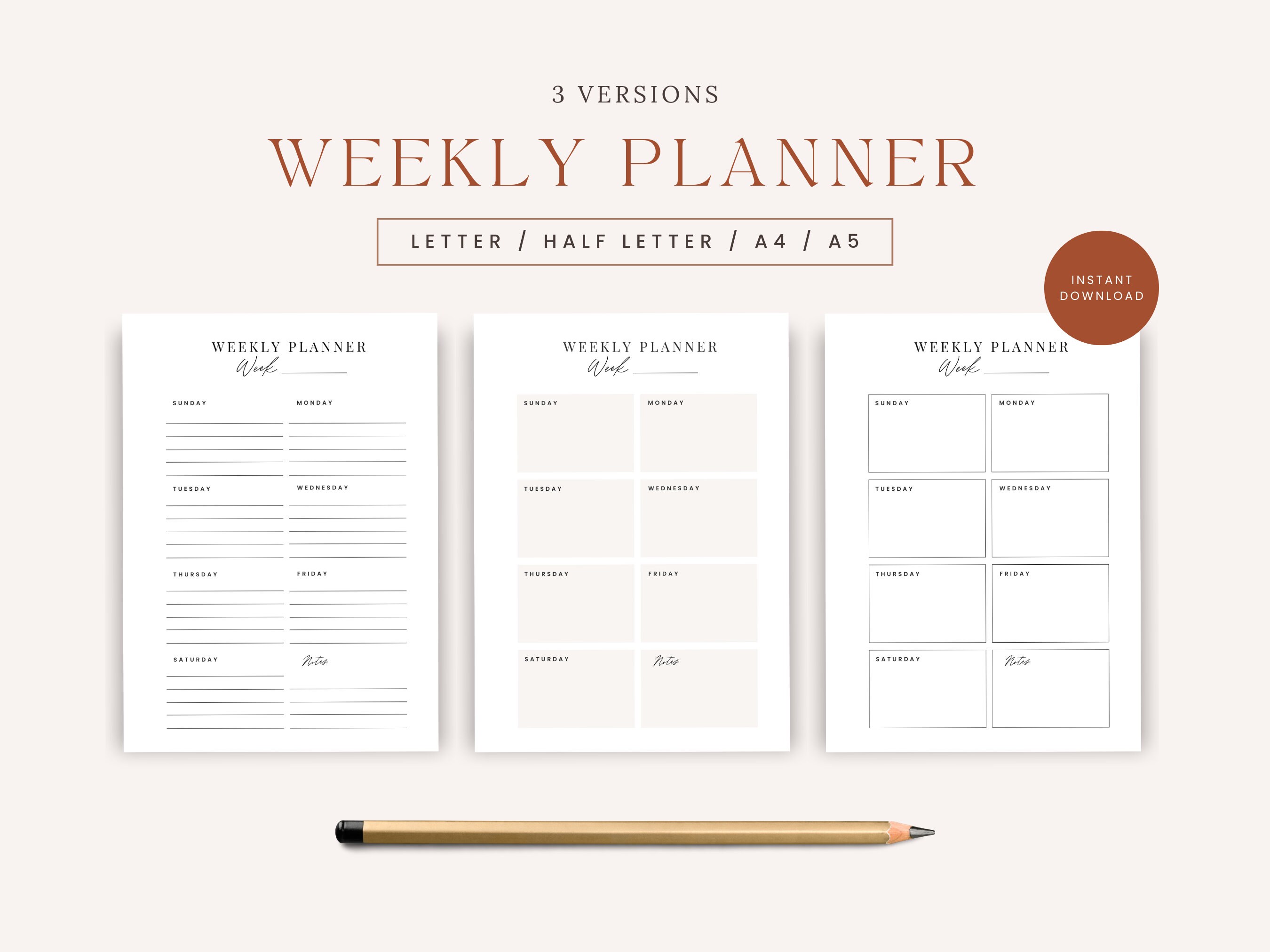 Printable Weekly Planner, A4 A5 Letter and Half Letter Monday and ...