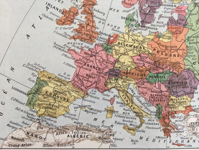 1922 Europe, Map of the European Continent, Small Format Old Map of ...