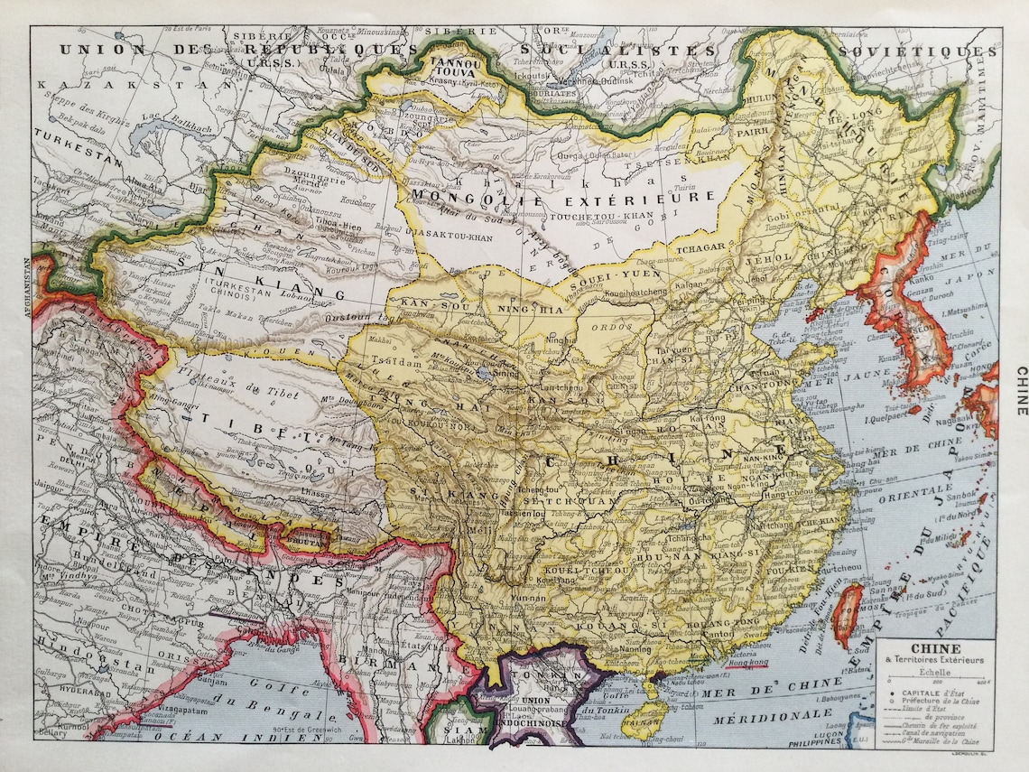 CHINA MAP CHINA Old Map Vintage Map Antique Print French Vintage Print ...