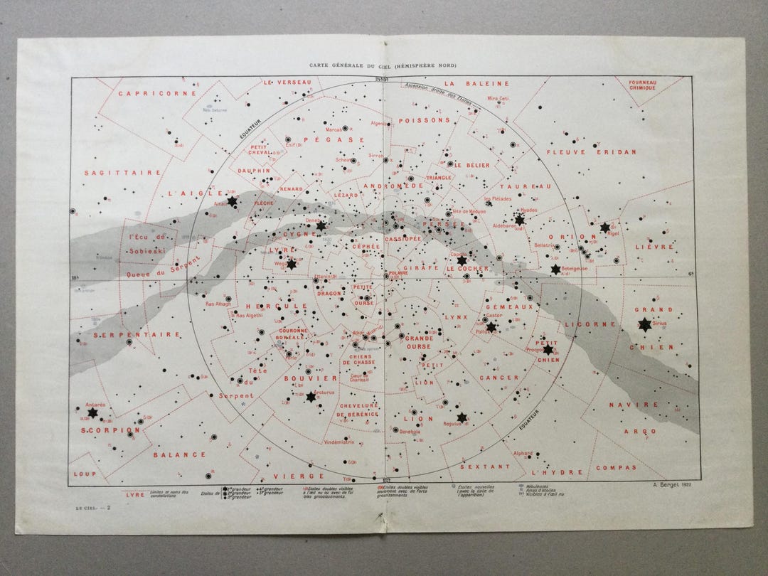 Sky Map Constellations, Stars, Double Stars, Astronomy Prints Antique ...