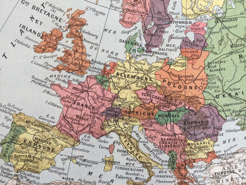 1922 Europe, Map of the European Continent, Small Format Old Map of ...