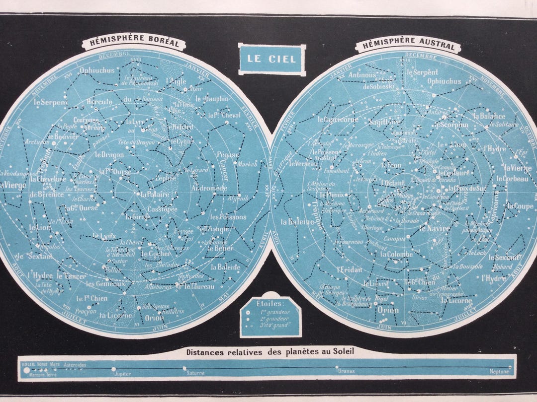 1897 Astronomy Sky Map Constellations Small Format - Vintage Poster ...