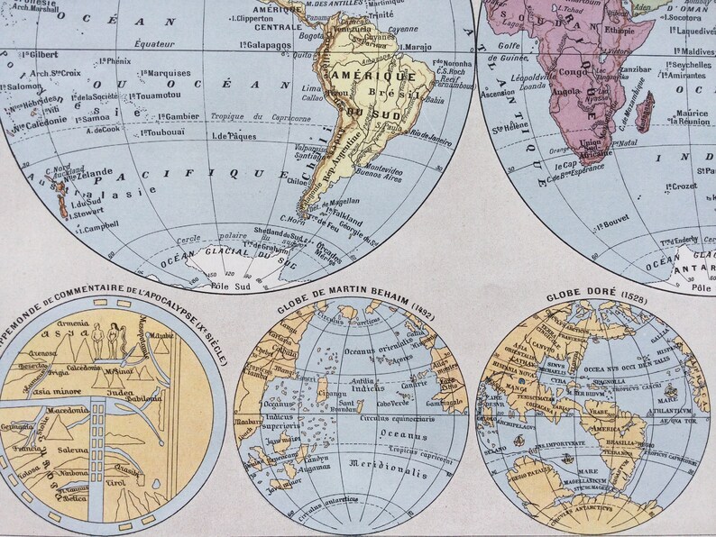 World MAP - Antique Print - French Vintage Print - Mappemonde - Carte ...