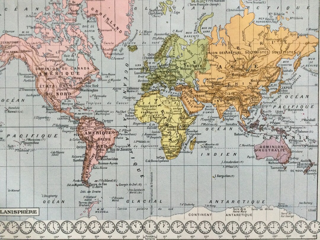 Vintage Maps WORLD MAP PLANISPHERE Old Map World MAP Larousse Original ...