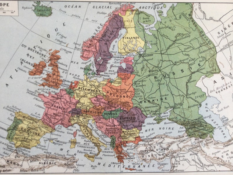 1922 Europe, Map of the European Continent, Small Format Old Map of ...