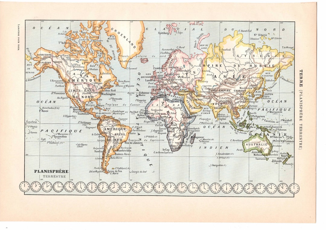 Planisphere, Earth, World Map Small Format Old Map, Old Illustration ...