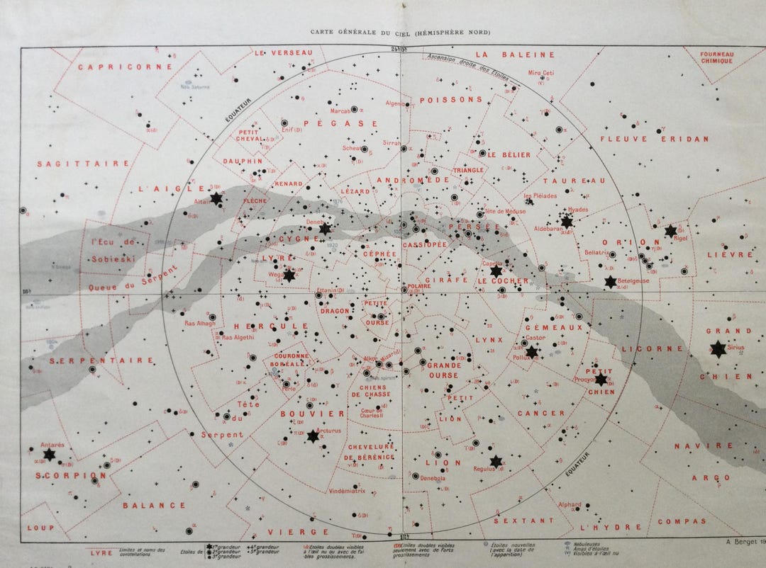 Sky Map Constellations, Stars, Double Stars, Astronomy Prints Antique ...