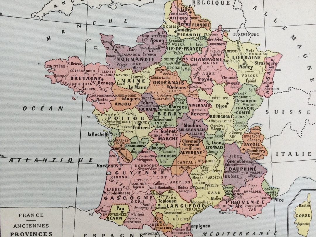 Map of France, Vintage Print, Old Military Districts, Provinces of ...