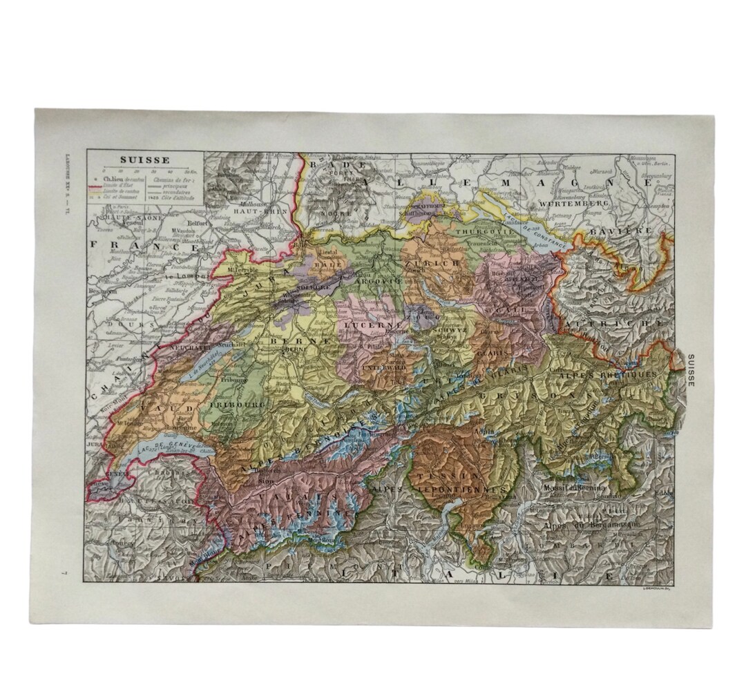 Switzerland, Old Map Old Illustration, Large Format Map of SWITZERLAND ...