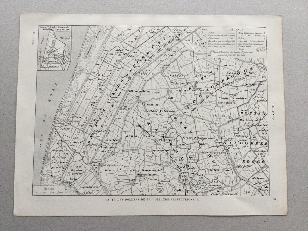 Holland, Polders, Old Map of the Polders of Holland 1922, Vintage Print ...