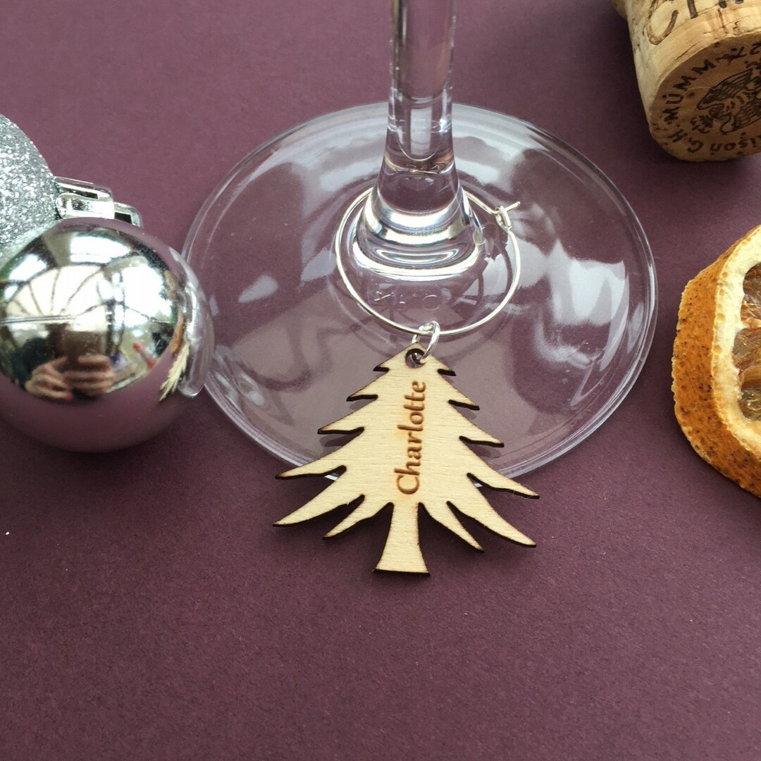 Personalised Christmas Tree Shaped Glass Charm, Wooden Wine Glass ...