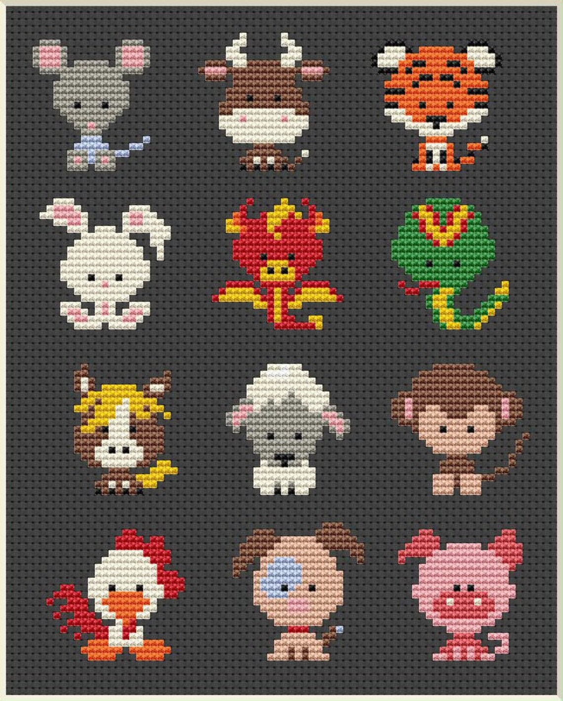 12 Chinese Zodiac Sign Cross Stitch Charts, 12 Chinese Zodiac Animals ...