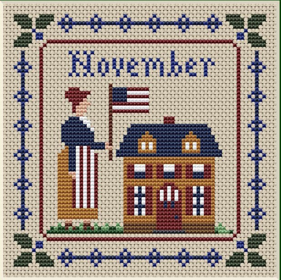 Patriotic November, Monthly Sampler,calendar Cross Stitch, Primitive ...