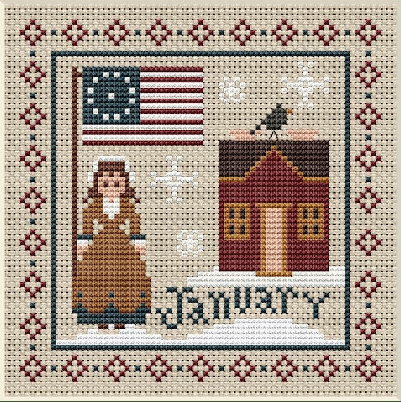 Patriotic January Monthly Sampler Primitive Cross Stitch - Etsy