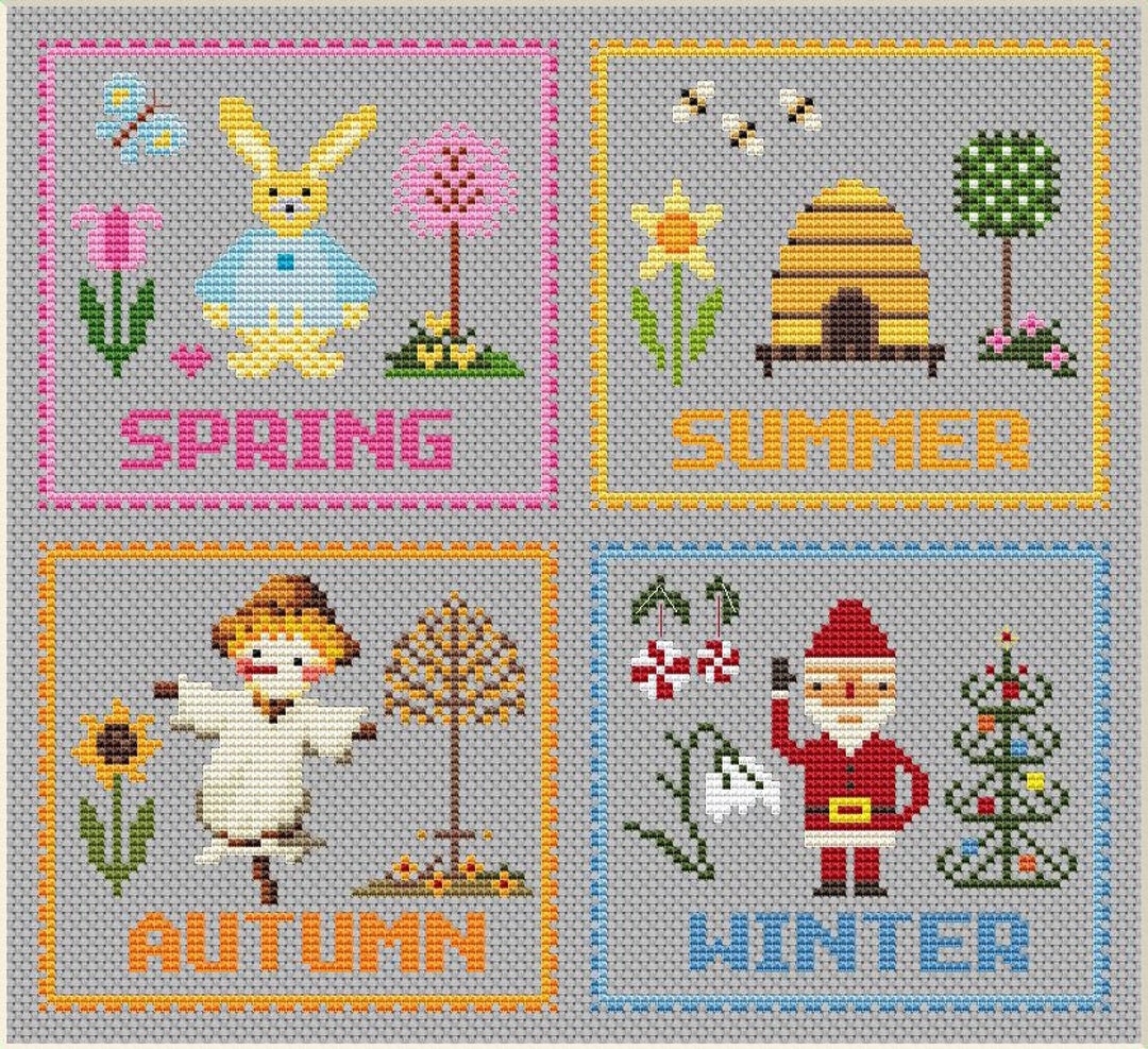 Set 4 Seasons, Modern Cross Stitch Pattern,spring, Summer, Autumn ...