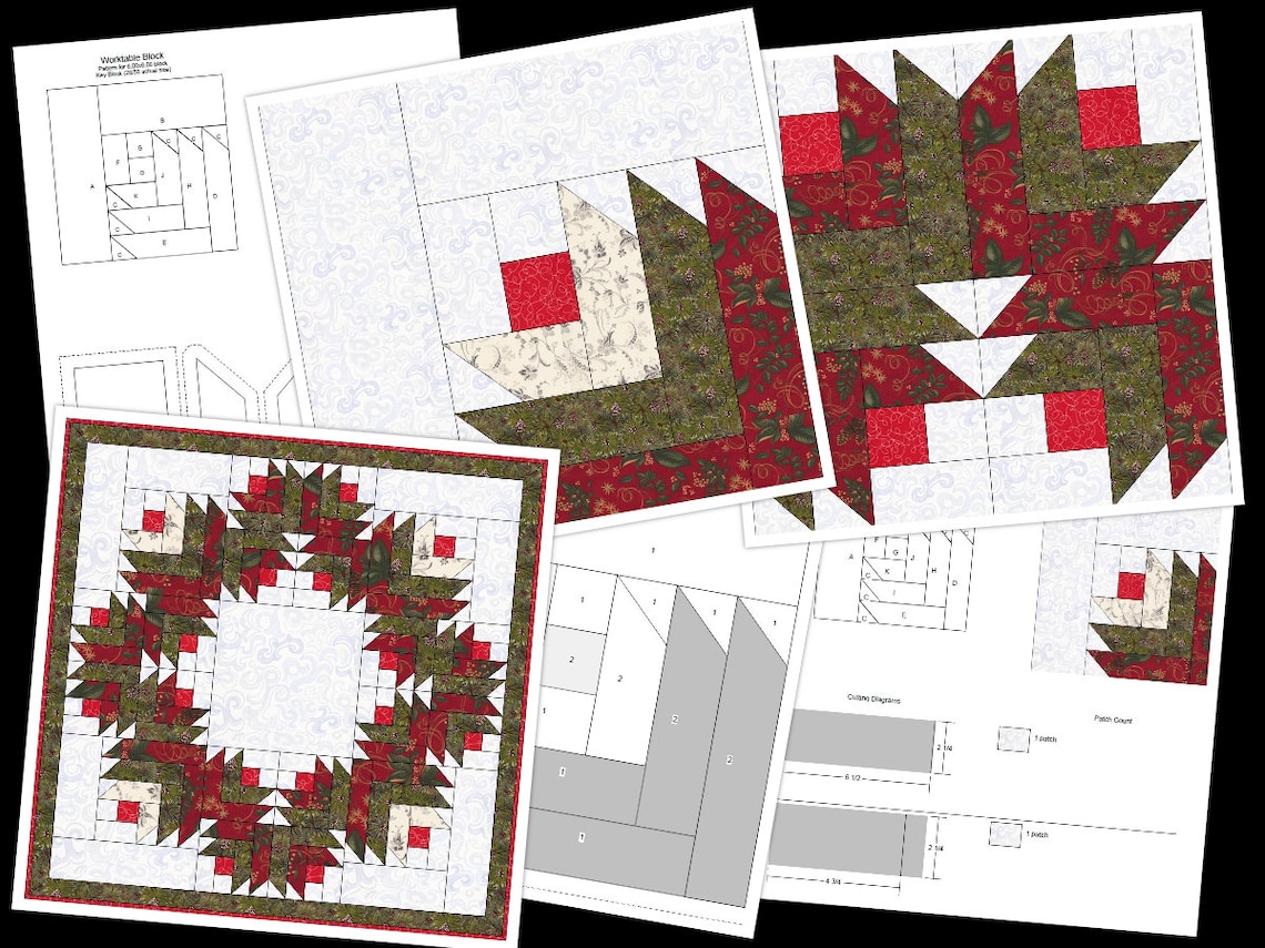 Digital Pdf|christmas Rose Wreath Quilt Block Pattern|modern Patchwork ...