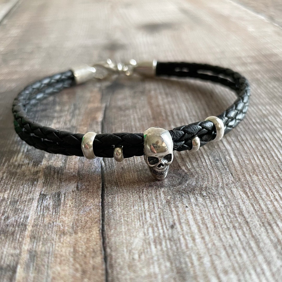 Skull Bracelet for Men, Sterling Silver & Leather Bracelet, Braided ...