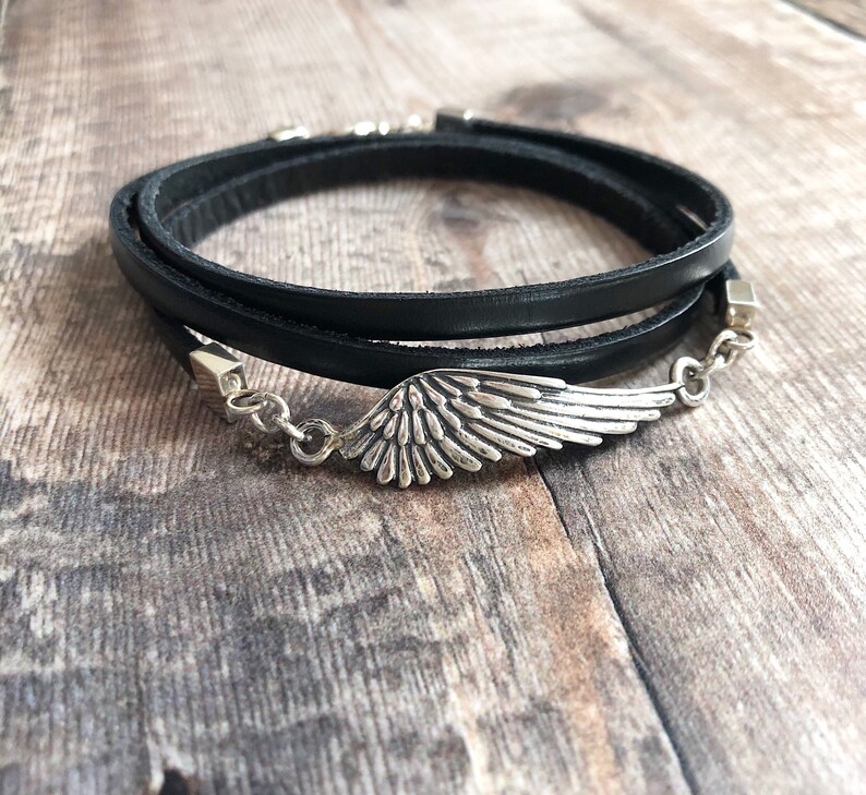 Angel Wing Bracelet Sterling Silver & Leather Bracelet - Etsy UK