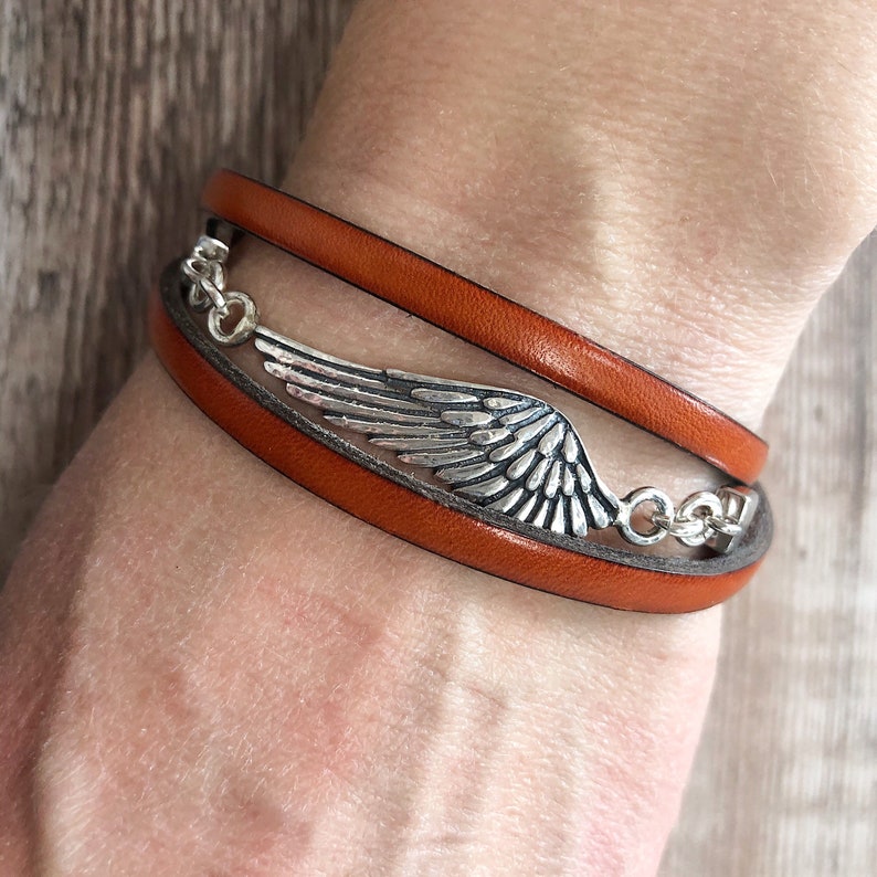 Angel Wing Bracelet Sterling Silver & Leather Bracelet | Etsy