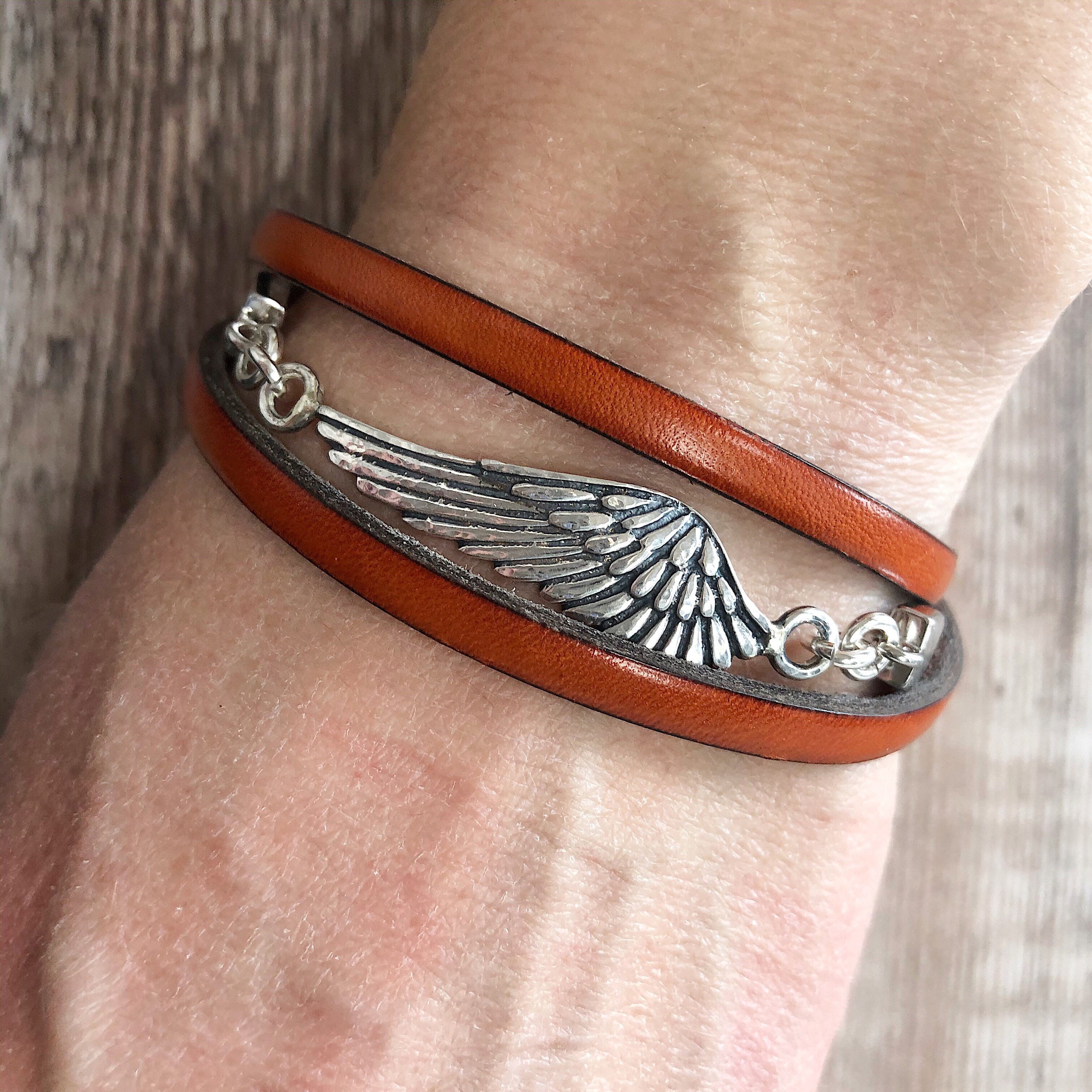 Angel Wing Bracelet Sterling Silver & Leather Bracelet - Etsy UK